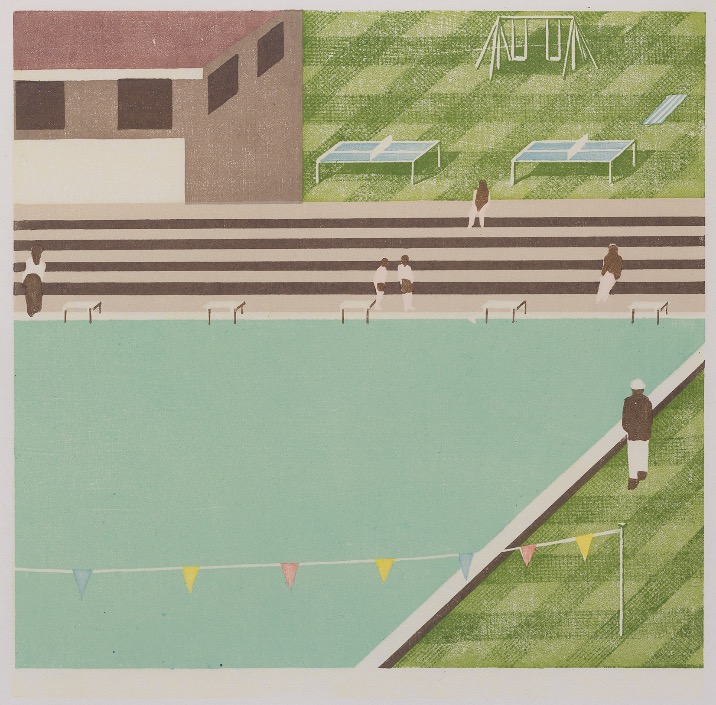 Nostalgic Pool Woodblock Print - 4Artsake